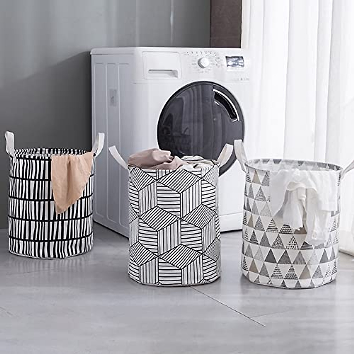AOKID Round Laundry Hamper with Handles, Collapsible Laundry Basket Saving Space Clothes Storage Basket for Home Office Toy Organizer Grid