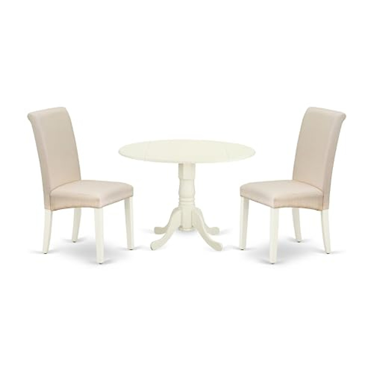 East West Furniture DLBA3-WHI-01 3 Piece Modern Dining Table Set Contains a Round Wooden Table with Dropleaf and 2 Cream Linen Fabric Upholstered Parson Chairs, 42x42 Inch, Linen White