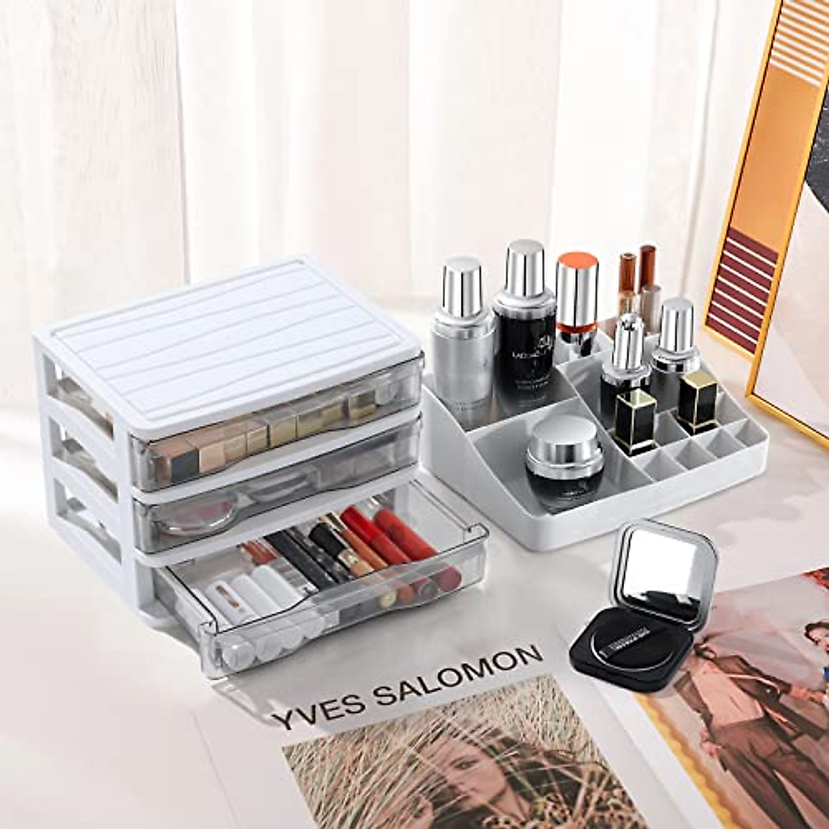 ELUCHANG Cosmetics Makeup Organizer Storage: 9.6" Detach Make Up Organizers and Storage with Clear Drawers Large Skincare Organizers for Vanity Countertop Dresser Bedroom Bathroom Desk