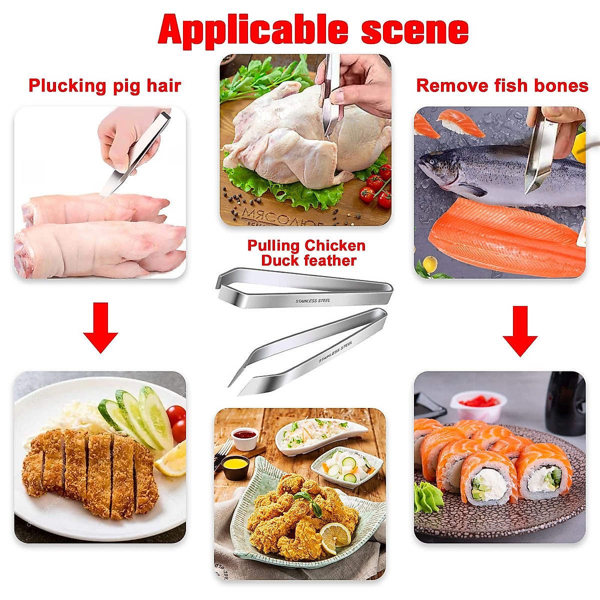 Fish Bone Tweezers - 2PCS Kitchen Tweezers Stainless Steel Flat and Slant Cooking Tweezers Precision Chef Tweezers Meat Hair Remover Tool for Cooking Kitchen, Suitable for Salmon Deboning