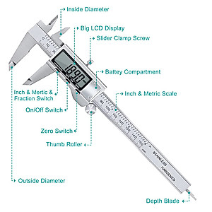 Digital Caliper 6 Inch Stainless Steel Vernier Caliper Digital Electronic Micrometer Caliper Measuring Tool Waterproof Inch/Metric/Fractions Conversion Large LCD Display Auto-Off