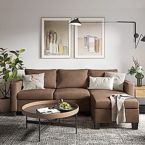Shahoo Convertible Sectional Sofa Couch L-Shaped Settee with Soft Seat, Comfortable Backrest and Modern Linen Fabric for Small Space, Living Room, Brown