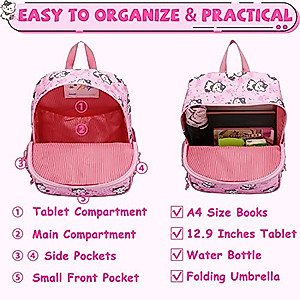 Toddler Backpack for Girls, Kasqo 13.5 Inch Lightweight Waterproof Kids Bookbag Preschool Kindergarten Schoolbag for little Girls 3-6 Years Old, Pink Cat