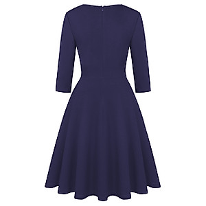 OWIN Women's Vintage Floral Flared A-Line Swing Casual Crew Neck 3/4 Sleeve Party Dresses with Pockets Navy S