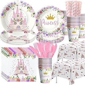 HIPVVILD Princess Party Decorations Tableware - Princess Birthday Party Supplies Include Plates, Cups, Napkins, Tablecloth, Cutlery, Straw, Princess Birthday Baby Shower Party Decorations | Serve 24