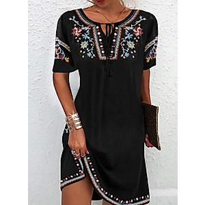 Melliflo Short Sleeve Mexican Dress for Women Tie Front V Neck Floral Midi Dress Fiesta Dresses(V Black. Medium)