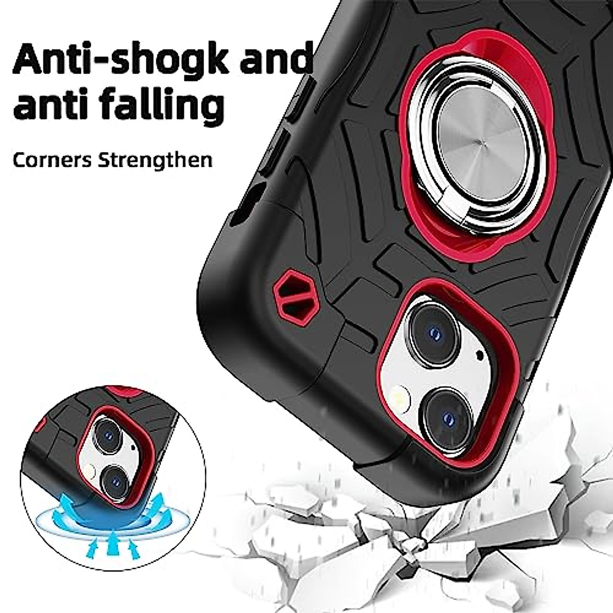 KCJ for iPhone 13 Mini case/iPhone 12 Mini case 5.4 Inch with Ring Holder, with 2 Pack Screen Protector + 1 Pack Camera Lens Protector,Heavy-Duty Military Grade Protector Cover. (Black+Red)