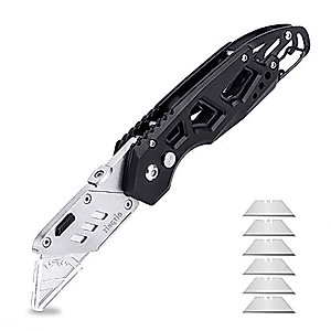 Box Cutter Knife Tingtio Box Cutter Box Knife Heavy Duty Folding Box Cutter Knife with 13 pcs Replacement Blades Belt Clip Black
