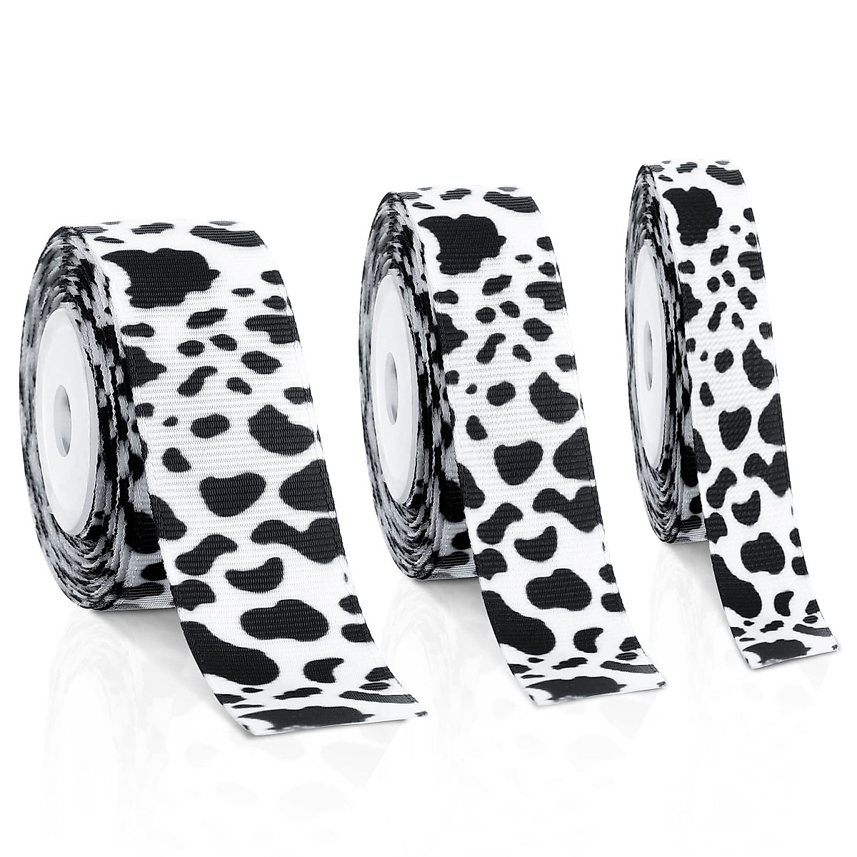 3 Rolls 15 Yards Cow Print Ribbon Grosgrain Cow Ribbon Cow Spot Pattern Wrapping Ribbon Dairy Cow Print Ribbon Animal Print Ribbon for Wreath Bow DIY Crafts Party Decorations (Black White)