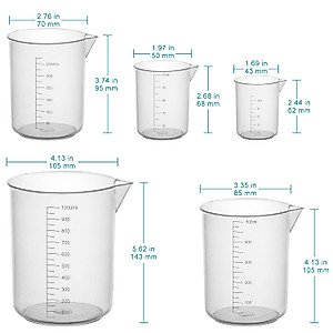 stonylab Plastic Beaker Set, Clear Plastic Graduated Beaker with Pouring Spout Measuring Beaker Set Liquid Cup Container in 5 Sizes, 50 ml/100 ml/250 ml/500 ml/1000 ml (1 L), Combo Pack