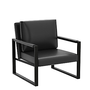 AWQM Modern PU Leather Accent Chair Arm Chair with Extra-Thick Padded Backrest and Seat Cushion Sofa Chairs for Living Room Bedroom, 105 Degree Slant Back, Non-Slip Adsorption Feet, Black