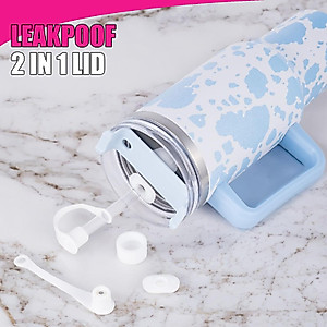 Xereizo 40 oz Tumbler with Handle and Straw, Leak Proof Stainless Steel Insulated Travel Coffee Tumbler Cups Lid and Straw, Iced for 40 Hours Cupholder Friendly Water Bottle Mug, Cow Stripe Rose Red