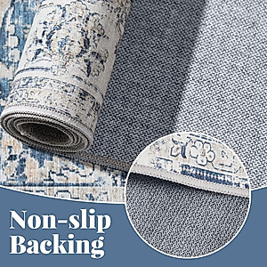 jinchan Washable Area Rug 5x7 Low Pile - Bedroom Rug Indoor Dark Blue Floral Print Stain Resistant - Boho Carpet Distressed Vintage Ultra-Thin Non-Slip Rug Accent Rug Living Room Dining Room Kitchen