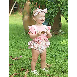 Kiluex Newborn Baby Girl Clothes Summer Romper Ruffle Sleeve One-Pieces Jumpsuits Bodysuit Infant Outfits with Headband (Pink, 3-6 Months)