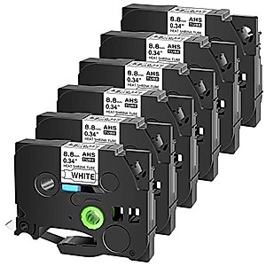 Cruxer Compatible for Brother HSE221 HS2-221 8.8mm 3/8" (0.34 Inch) Heat Shrink Tube Label Tape Black on White for PTE550 PTP750 PTD210 PTD450 PTD400AD PTH110 PT710BT Label Makers, 6-Pack