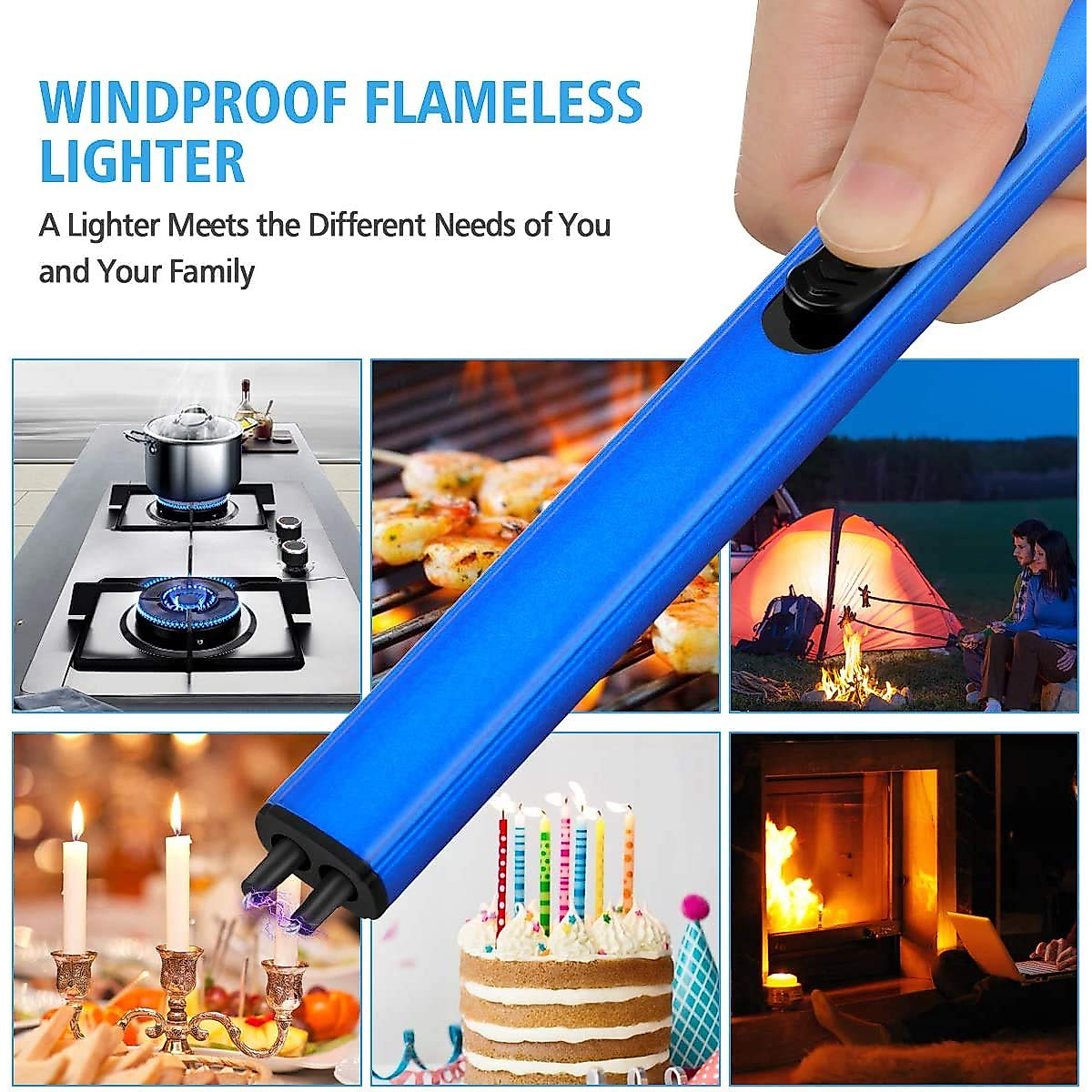 2 Pack Candle Electric Lighter, USB Rechargeable Arc Plasma Windproof Portable Flameless Lighter, No Fuel Needed, Sleek Design, Triple Safety, Perfect for Kitchen Camping Xmas, Blue+Gold