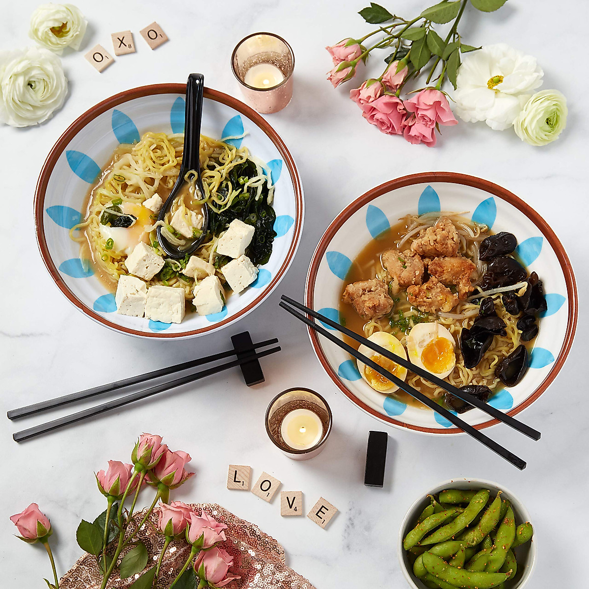 Nytana Japanese Style Large Ramen Bowl Set 60 Oz (10 Piece), 9 and Chopsticks with Spoons and Wood Stand, Ramen Noodle Bowls, Melamine Japanese Miso, Pho, Asian Cuisine, White, Blue, Brown