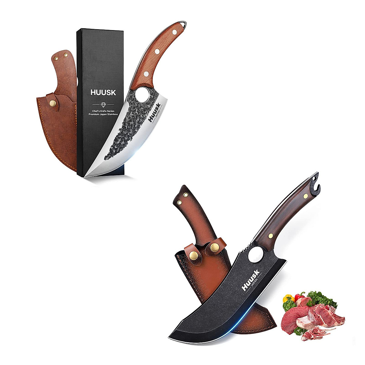 Huusk Upgraded Chef Knife Bundle with Black Meat Cleaver Viking Gift Men Cooking BBQ Camping Knives with sheath