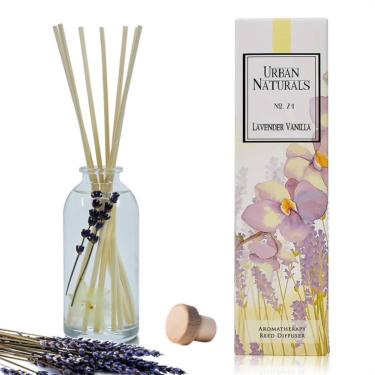 Urban Naturals Lavender Vanilla Reed Diffuser Set | Room Scent Infuser with Real Lavender & Natural Flowers | Soothing Scent Makes a Great Housewarming Gift | Great Idea