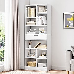 IOTXY Wooden Open Shelf Bookcase - 71 Inches Tall Freestanding Display Storage Cabinet Organizer with 10 Cubes and a Drawer, Floor Standing Bookshelf in Warm White