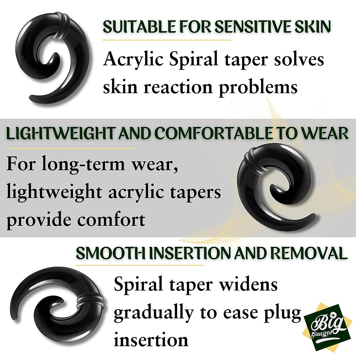 BIG GAUGES Pair of Black Acrylic Solid Spiral Coil Taper O-rings Piercing Jewelry Ear Plug Stretching Expander Earring (A002.3:Acrylic, 00 g 10 mm (2pcs))