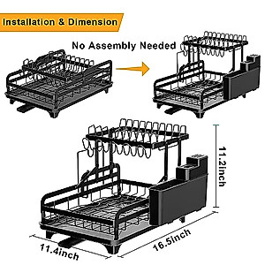IBEDMAZIE Dish Drying Rack Large Size Without Installation 2-Tier Metal Dish Rack for Kitchen Counter with Drain Board (Black)