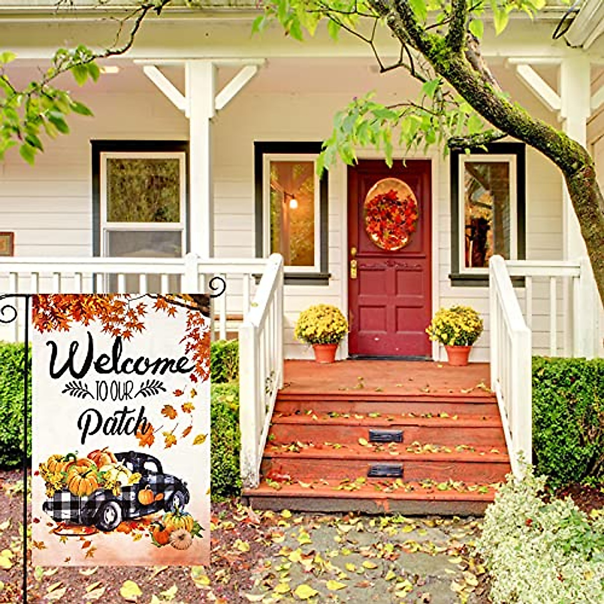 Unves Fall Garden Flag 12.5x18 Double Sided , Fall Porch Decor Burlap Pumpkin with Maple Leaves Welcome to Our Patch, Small Fall Yard Flag for Outside House Harvest Autumn Thanksgiving Decorations