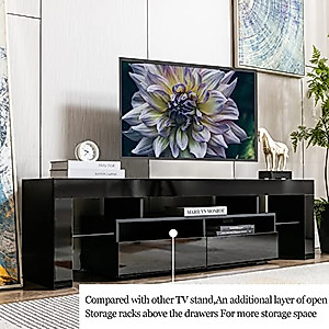 HAKFOO Modern LED TV Stand for 70/65/55 inch TV, Modern Entertainment Center with 1-2 Storage Drawers, High Gloss TV Cabinet,Television Stand for Living Room,APP/Remote RGB Light (Black 1, 63inch)