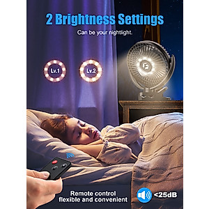 FRIZCOL 12000mAh 8 Inch Portable Clip On Fan,Battery Operated Camping Fan with lights and Remote, USB Fan Small Desk Fan Personal Quiet Fan for Office Stroller Bedroom and Camping