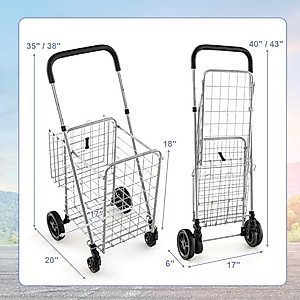 Goplus Folding Shopping Utility Cart, Double Basket and 360° Swivel Wheels, Adjustable Handle, Small Cart Perfect for Grocery Laundry Book Luggage Travel