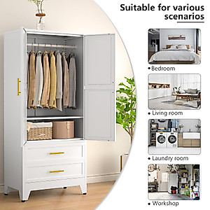 Anewome 71" Metal Armoire Wardrobe Closet with 2 Drawers, Freestanding 2-Door Tall Clothing Storage with Adjustable Shelves and Hanging Rod for Bedroom Dorm, White