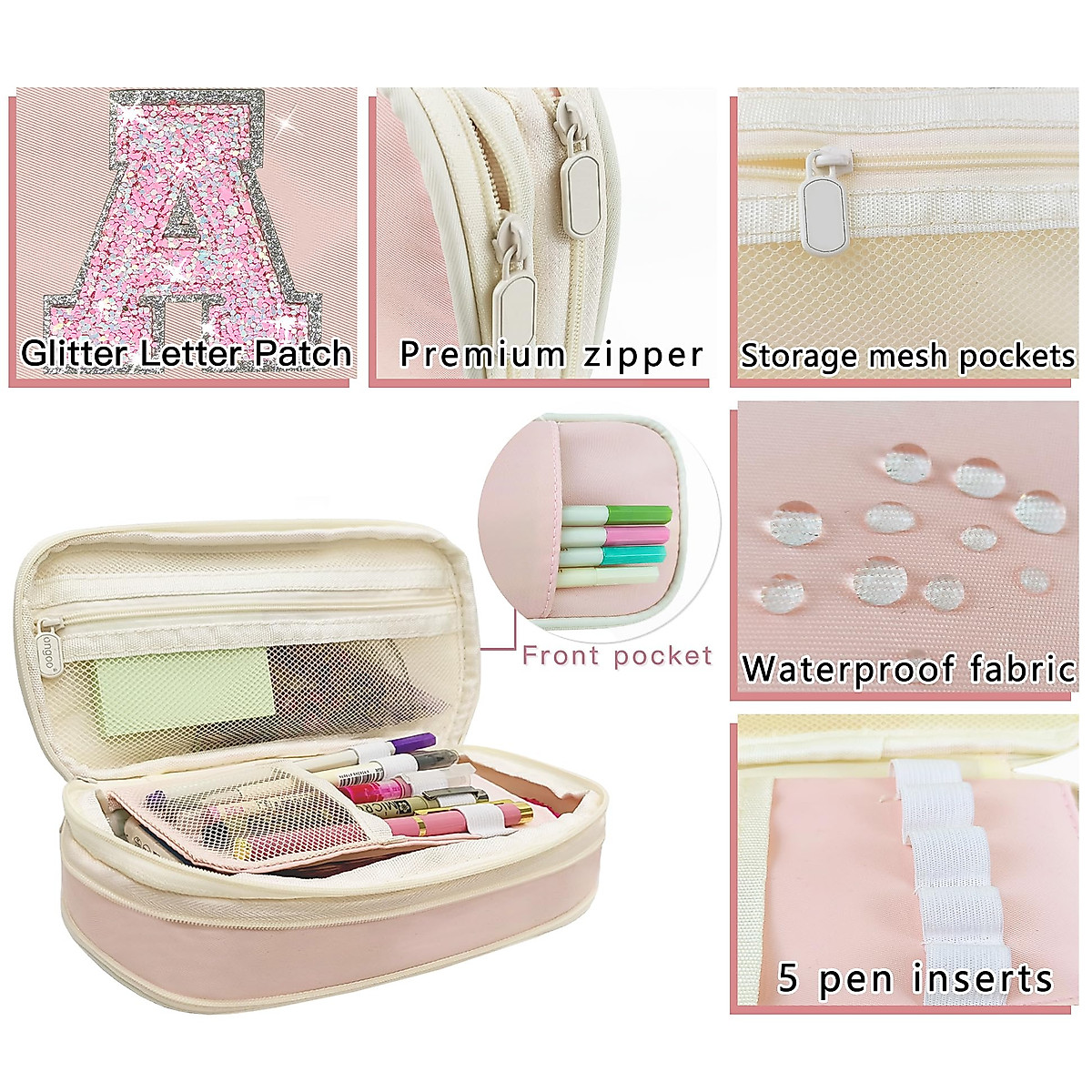 Janhavi Preppy Pencil Case for School Supplies, Initial Large Pink Penicl Case for Nursing Bag, Cute Pencil Pouch Bag for Office,Birthday Gifts for 6 7 8 9 10 11 12 13 Year Old Girls,-Pink A