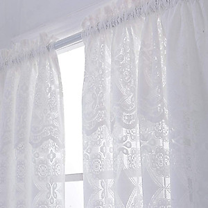 Molaxhome Lace Curtains 29 x 36 inch, 2 Pack White Kitchen Tiers Sheer Rod Pocket Voile for Small Bathroom Window Treatment (29 x 36 inch, White)