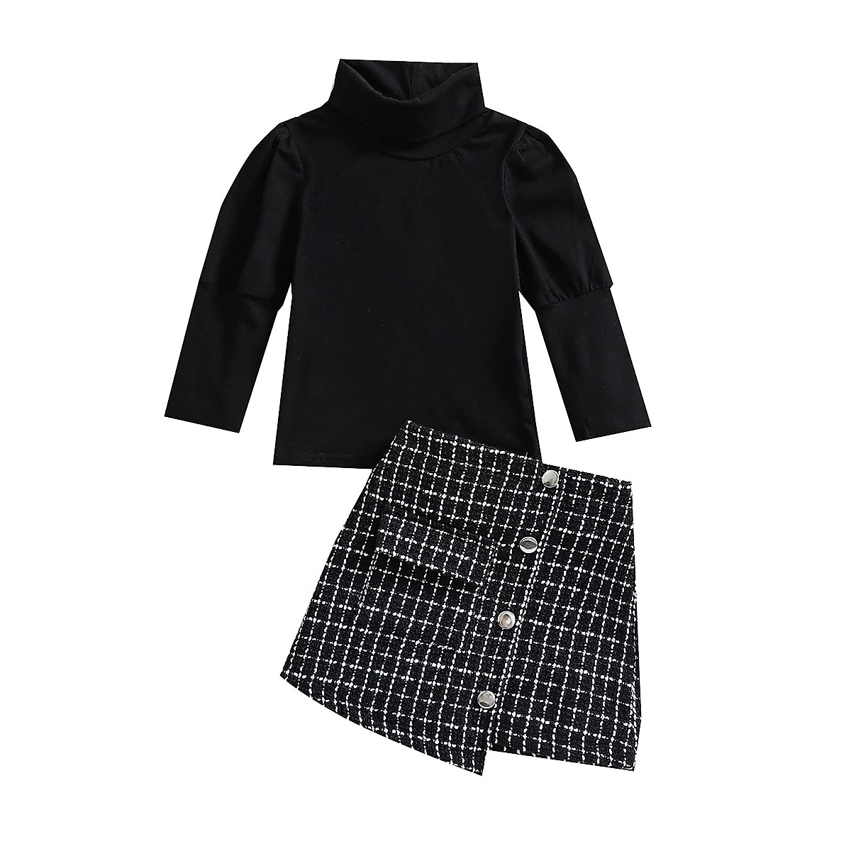 Kupretty Toddler Baby Girl Fall Winter Clothes Turtleneck Solid Knit Pullover Tops Plaid Button A-Line Skirts Set Outfits (Black Plaid Skirt Set, 3-4T)