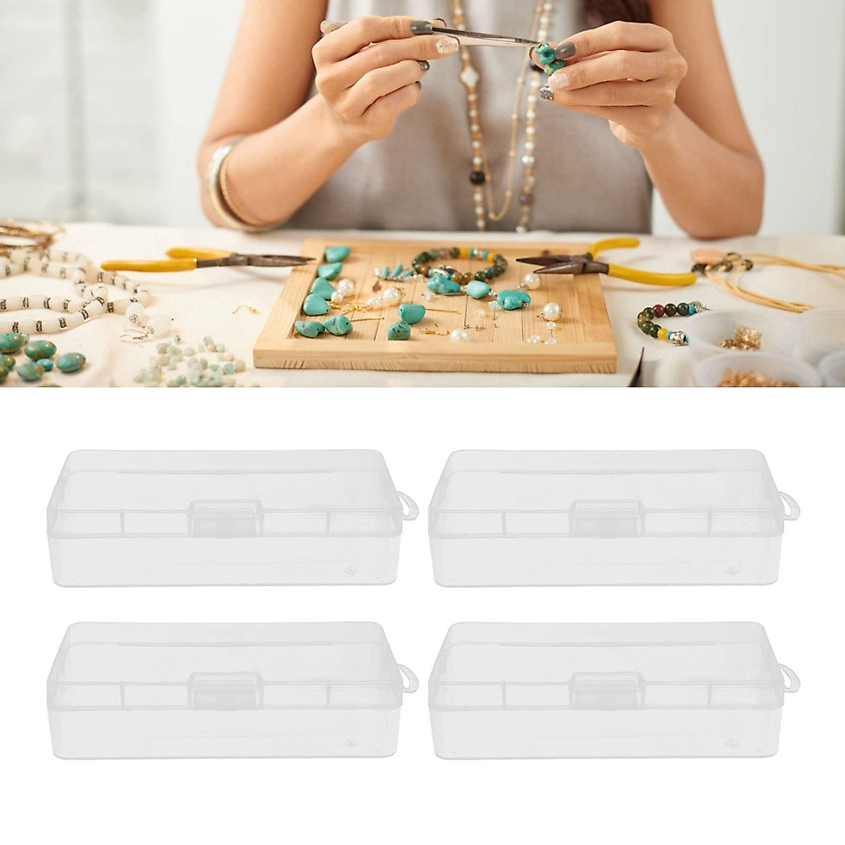 4 Packs Small Plastic Boxes,Clear Plastic Storage Container Bins with Latching Lids,Stackable Craft Box Containers for Craft Supplies and Little Bits,Organizing Container for Home, Office