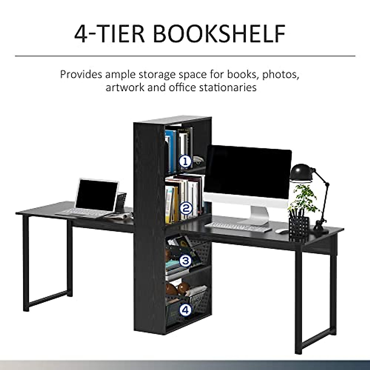 HOMCOM 88" Extra Long 2-Person Computer Desk with Storage Shelves Combo, Double Workstation Storage Study Writing Table for Home Office, Bookshelf, Black
