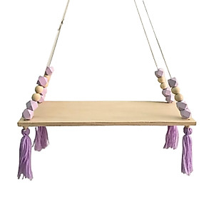 DEERWIN Hanging Shelf for Wall, Wood Hanging Shelves with Beads Tassels Boho Decor Swing Rope Rustic Floating Shelf，Wall Display Shelving Home Organizer Rack for Living Room Bedroom Kitchen (Purple)