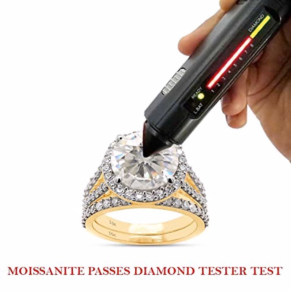 SAVEARTH DIAMONDS Split Shank Design, 4 1/2 cttw Center 10MM Round Cut Lab Created Moissanite Diamond Halo Bridal Set Ring 10K Solid Yellow Gold (VVS1 Clarity, 4.50 Cttw)-7.5