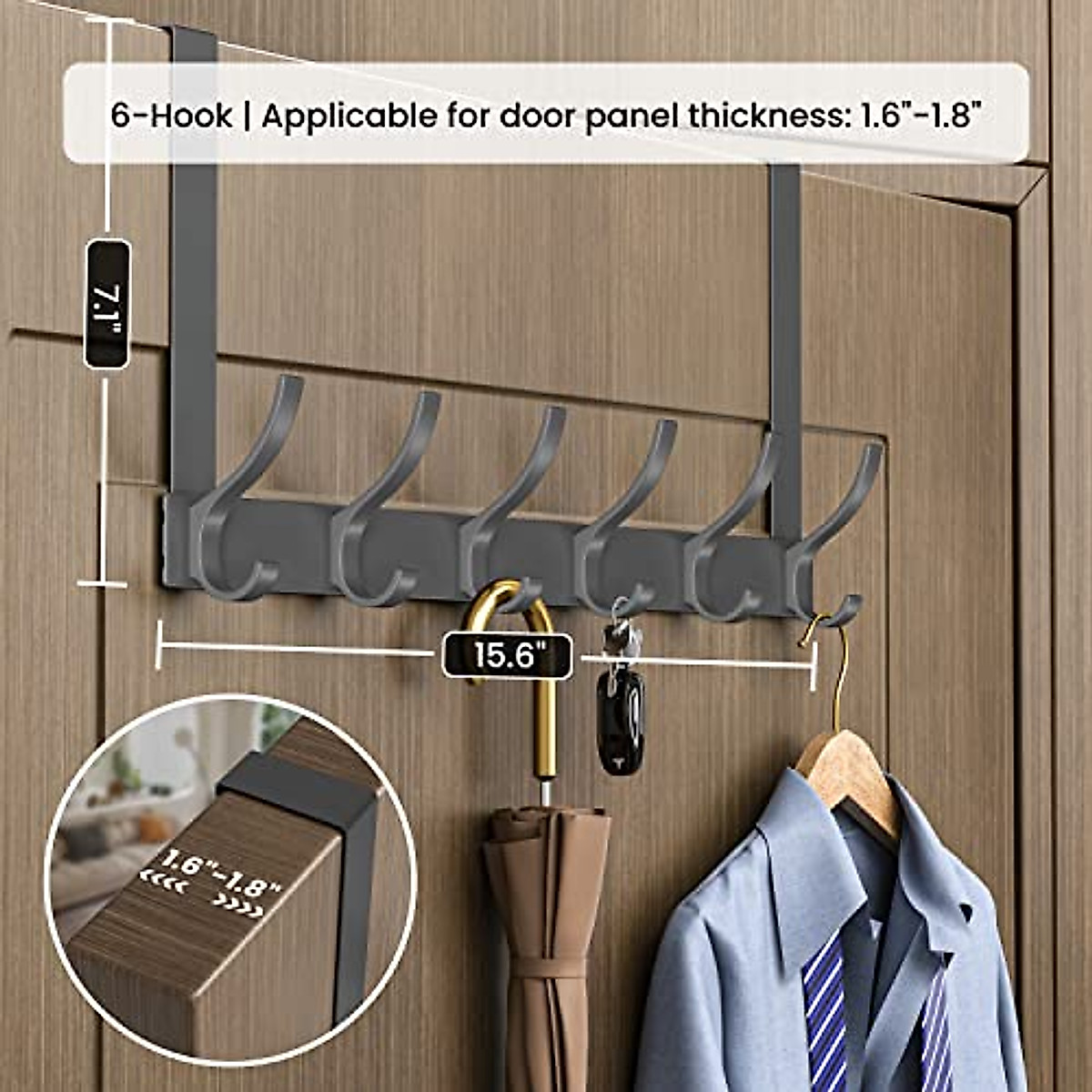 IFYON Over The Door Hooks for Hanging Clothes, Over Door Towel Racks for Bathroom, Coat Hooks for Bedroom (6-Hook, Gunmetal Gray)