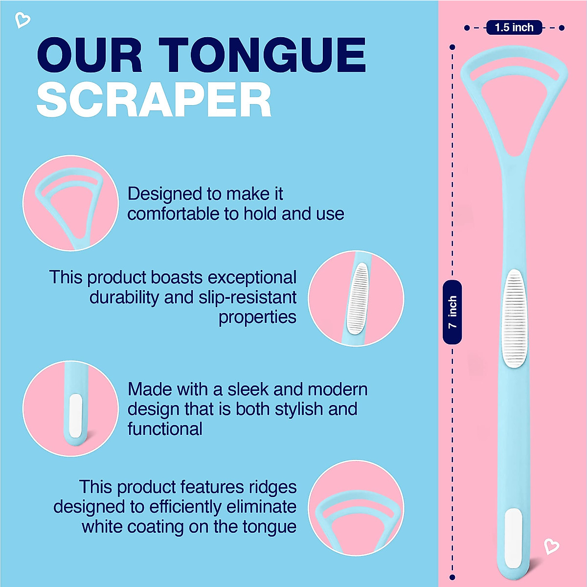 Tongue Scraper & Cleaner for Adults (2 Pack) Healthy Oral Care, Easy to Use, Help Fight Bad Breath (Pink & Blue)