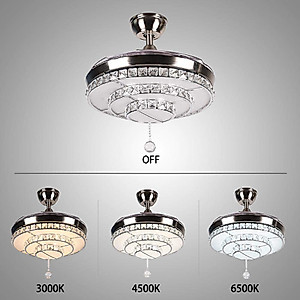 efperfect 42" Crystal Ceiling Fan with Light Retractable Blades Chrome Modern LED Chandelier Remote 3 Color Changes 3 Speeds Silent Ceiling Fans Lighting Fixture, LED Kits Included