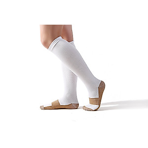 CompressionXSportz Compression Copper Socks For Men and Women 15-20mmhg Over The Calf Below Knee High for Sports, Medical, Nurses, Athletes, Travel, Pregnancy, etc (Copper/White, 1 Pr, Sm/Med)