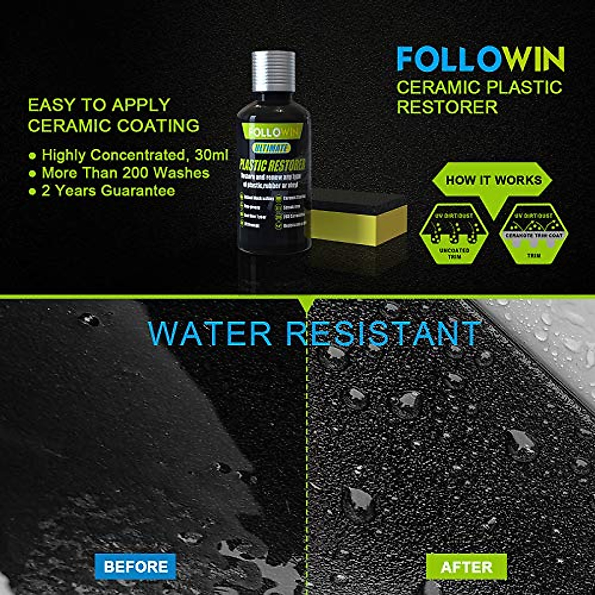 FOLLOWIN Plastic Restorer for Cars Ceramic Plastic Coating Trim Restore, Resists Water, UV Rays, Dirt, Ceramic Coating, Not Dressing, Last Over 200 Washes, Highly Concentrated, 30ml