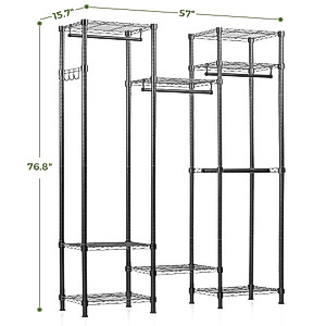 JS HOME Portable Closet Wardrobe Heavy Duty Clothes Rack, Freestanding Clothing Rack with 4 Hang Rods & 8 Shelves, Adjustable Closet Rack, 57" L x 15.7" W x 76.8H, Max Load 925LBS, Black