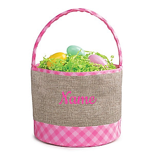 Personalized Easter Bucket Bag with Custom Cursive Name | Pink Plaid Burlap Easter Bag with Handle | Egg Basket for Kids | Customized Easter Basket | Great for Book and Toy Storage