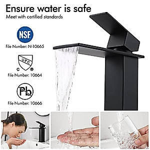 KES Bathroom Sink Faucet Single Hole, Black Bathroom Faucet Waterfall Faucet with Supply Lines for Bathroom Sink, SUS304 Stainless Steel, L3158ALF-BK