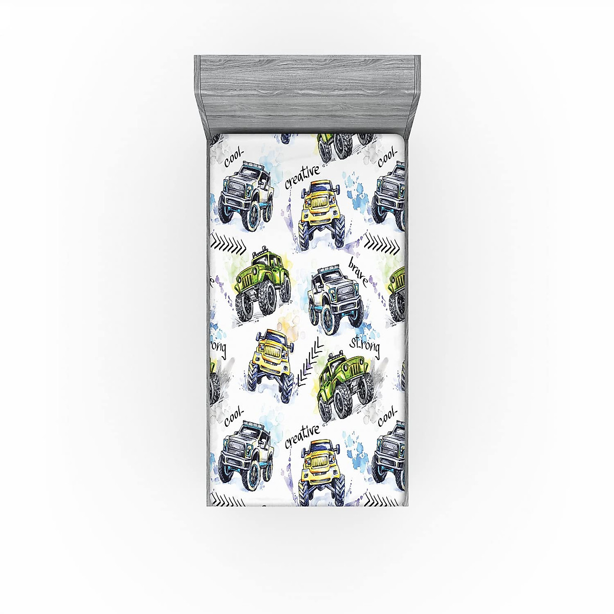 Ambesonne Cars Fitted Sheet Set, Hand Drawn Watercolored Monster Trucks Enormous Wheels Off Road Lifestyle, Bed Cover with All-Round Elastic Deep Pocket 2 Pcs, Twin Size, Yellow Lavender Blue