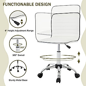 Vanity Chair Makeup Chair PU Leather Low Back Home Office Desk Chair Height Adjustable 360° Swivel Rolling Computer Chair Modern Executive Task Chair without Armrest for Vanity Makeup Room(White)