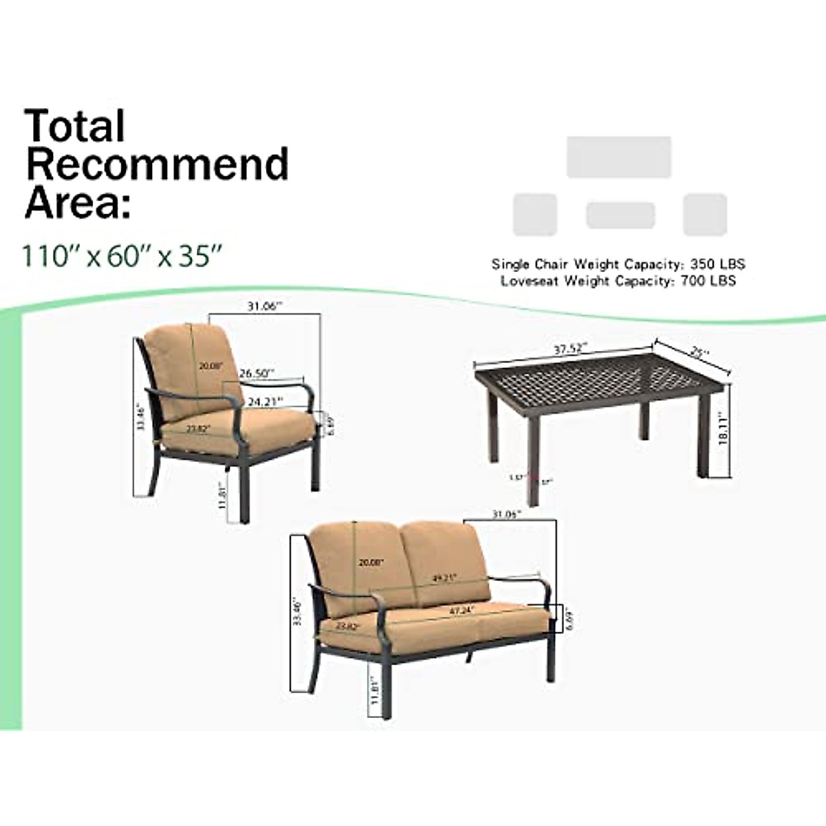 Domi Outdoor 4 pcs Patio Conversation Set, Metal Dining Table and Chairs Dining Set with Removable Beige Cushions for Garden Lawn Yard