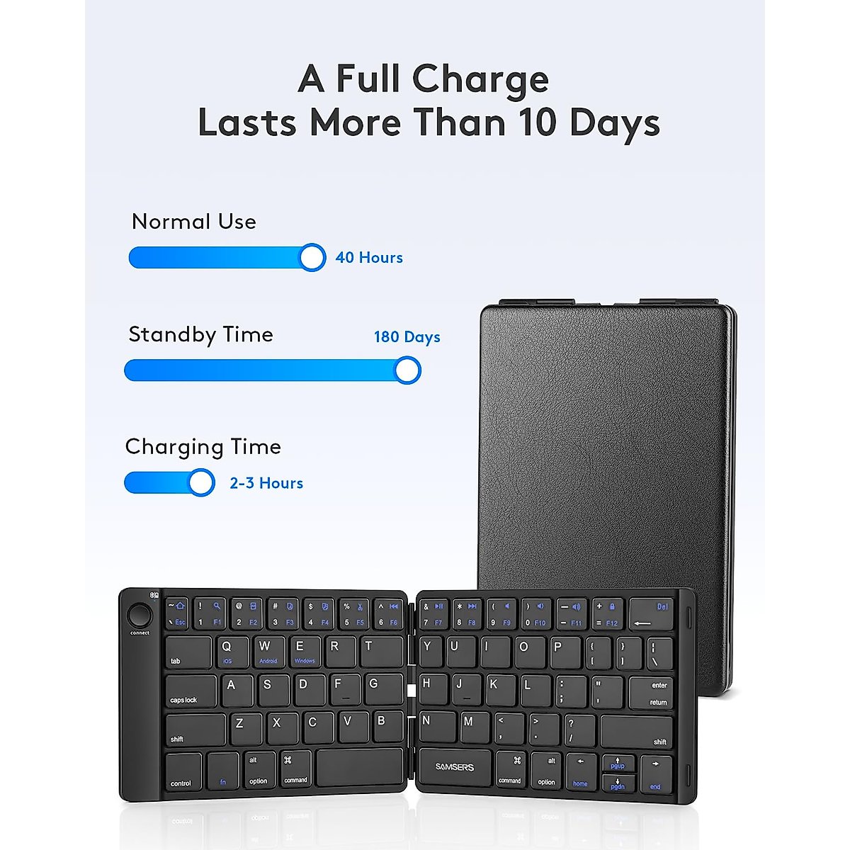 Samsers Foldable Bluetooth Keyboard - Portable Wireless Keyboard with Stand Holder, Rechargeable Full Size Ultra Slim Keyboard Compatible IOS Android Windows Smartphone Tablet and Laptop-Black